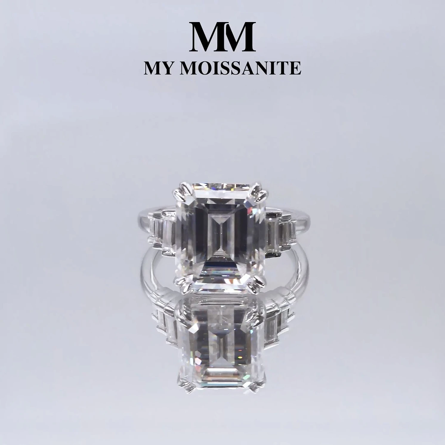 Rectanglo - Emerald Cut Moissanite Ring with Baguette Accents